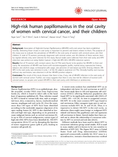 High-risk human papillomavirus in the oral cavity of women with ...